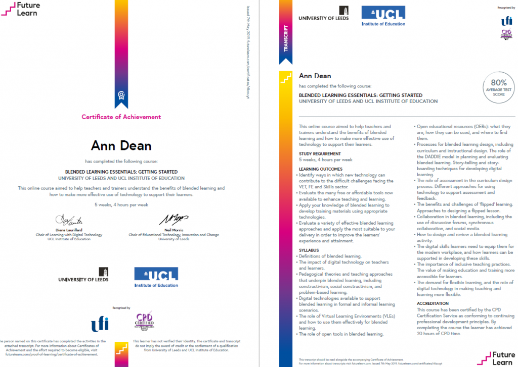 Future Learn: Blended Learning MOOC Certificate of Achievement ...
